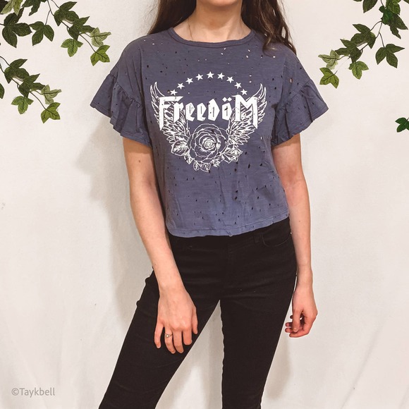 h.i.p. | Tops | Hip Freedom Graphic Tee Holey Ruffled Sleeve S | Poshmark
